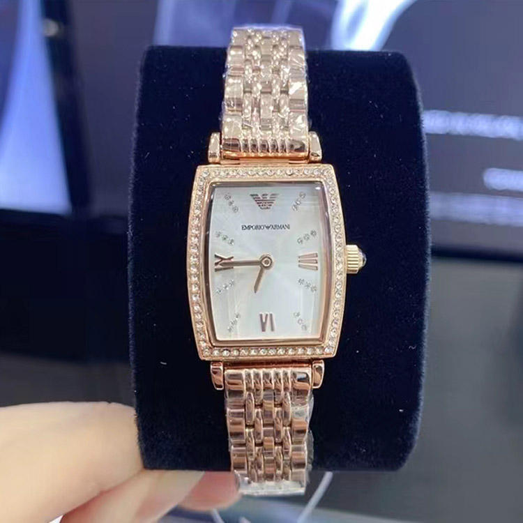 Armani阿玛尼满天星时尚酒桶方形镶钻玫瑰金防水石英女士手表女表-淘宝网