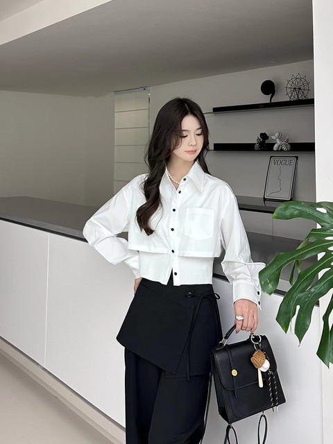 Korean design sense fashion fake two-piece spliced shirt for women 2025 ...