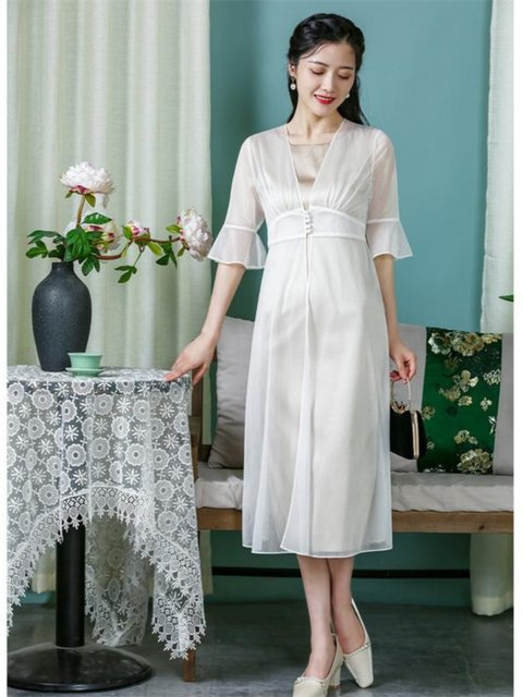 Cui Wanzhi Guo style V-neck Chinese waist-closing slimming mid-length ...