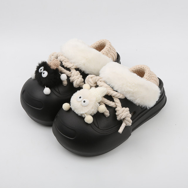 SUNNYCOLOR cute fur ball plus velvet clogs women's winter outer wear ...