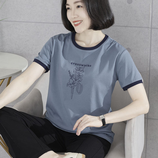 Women's summer new shirt round collar pink loose large size middle ...