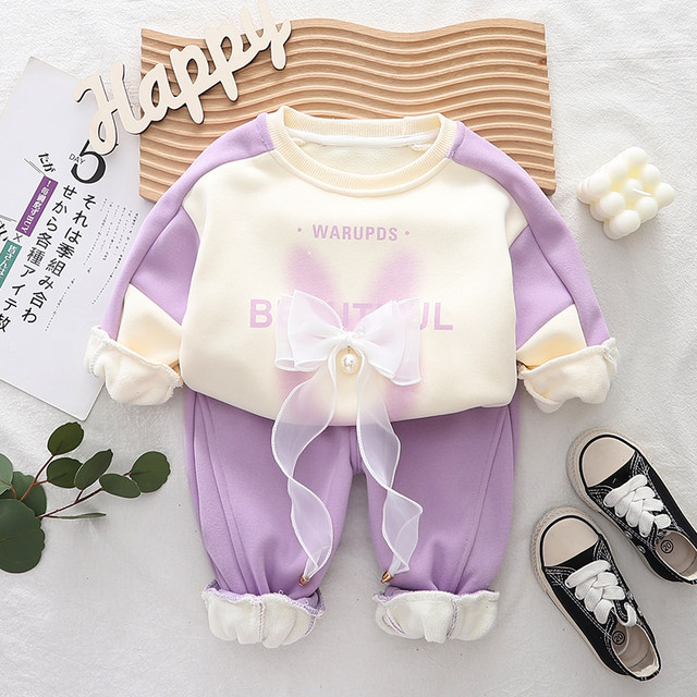 Girls plus velvet suit children's one-piece velvet two-piece set spring ...