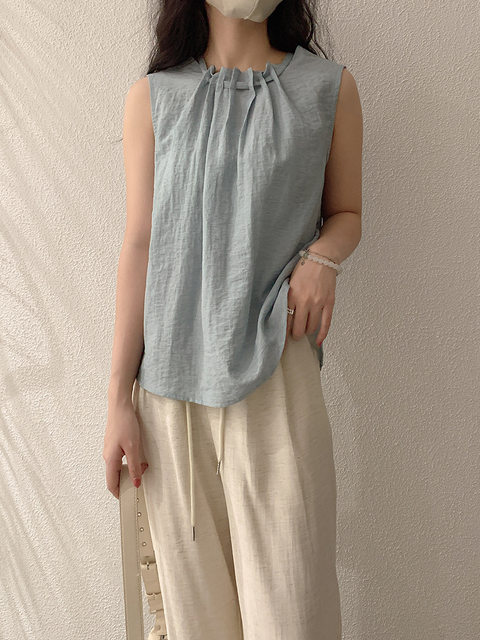 Collar button pinched drawstring solid color sleeveless pullover shirt ...