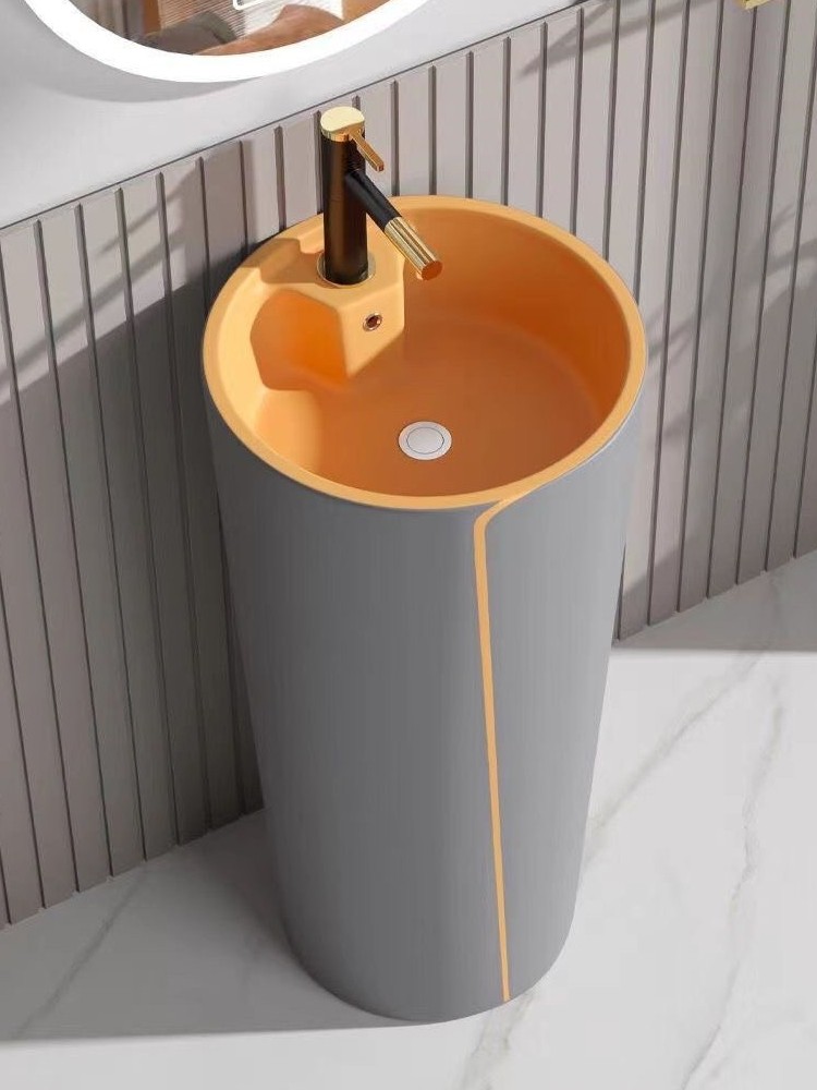 Ceramic Column Wash Basin - Gray & Orange Modern Bathroom Sink