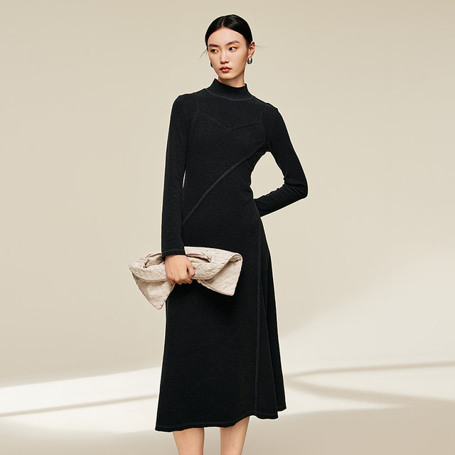 Half turtleneck fake two-piece dress MOFAN 2024 winter gray and black ...