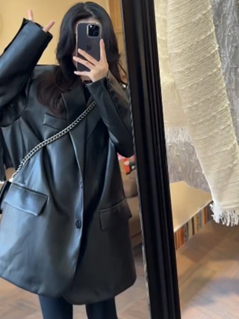 Retro Casual Loose Leather Jacket Mid-Length Leather Jacket Suit Jacket ...