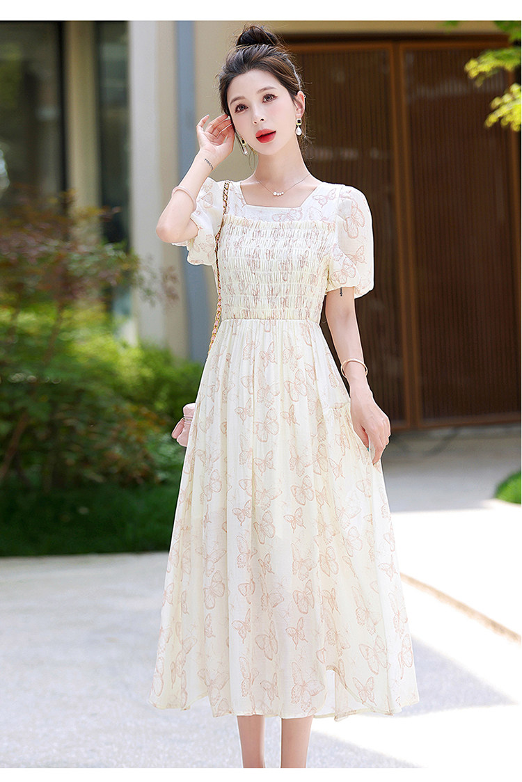 Fang Ling Short -sleeved Printing Dress Women's Summer New Korean Advanced Tea Bucks Pine waist ...