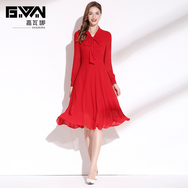 Red dress 2024 new spring dress with tie, waist and slimming, mid-length chiffon long-sleeved ...