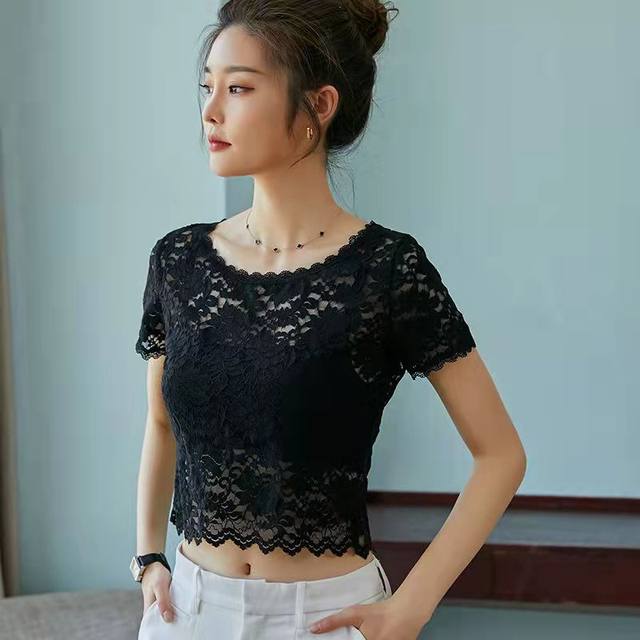 Fake collar inner top thin hot girl outer wear sexy lace hollow blouse ...