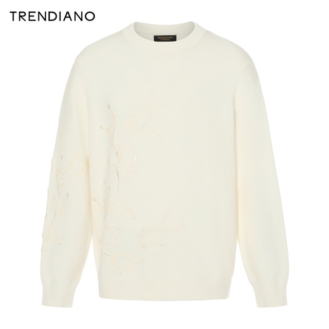 TRENDIANO Classic Series Flower Appliqué Loose Round Neck Sheep Wool ...