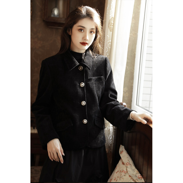 APOZi Camellia Girl Black Retro Square Collar Temperament Slim Short Jacket Women 2023 Autumn ...