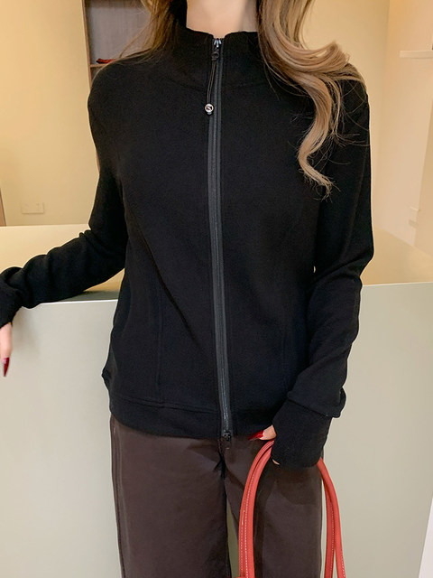 Black stand collar double zipper long sleeve T-shirt for women in ...