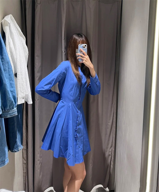 ZA women's new spring temperament long -sleeved stand V -neck silk silk receiving short dress ...