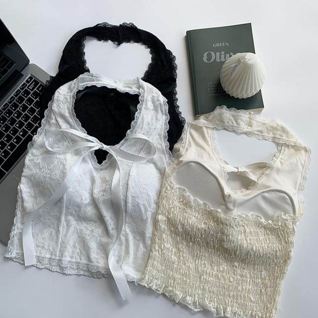Sexy lace halter neck hanger vest spring and summer bow with chest pad ...