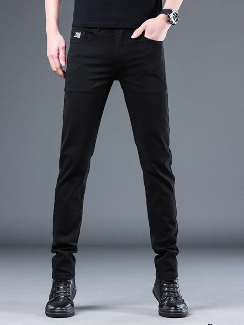 Summer thin high elastic slim foot Tennis jeans pure black ice silk ...