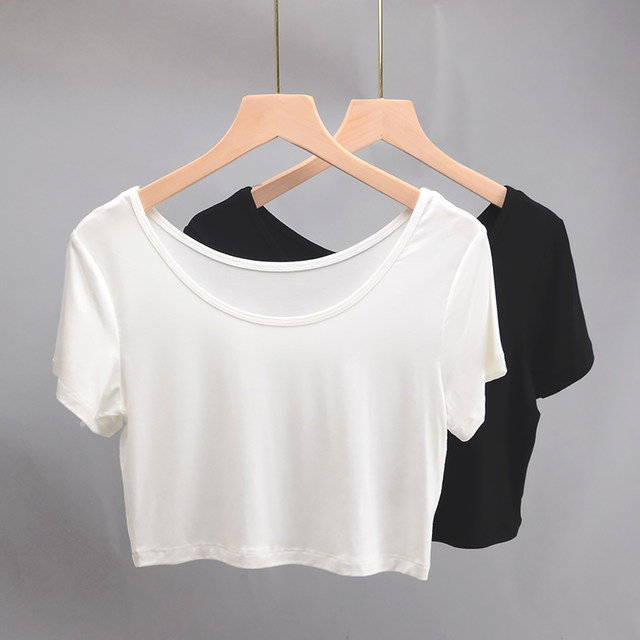Modal half-length bottoming short round neck top with navel-baring T ...