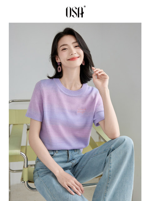 OSA OSA blue and purple gradient round neck short-sleeved sweater women ...