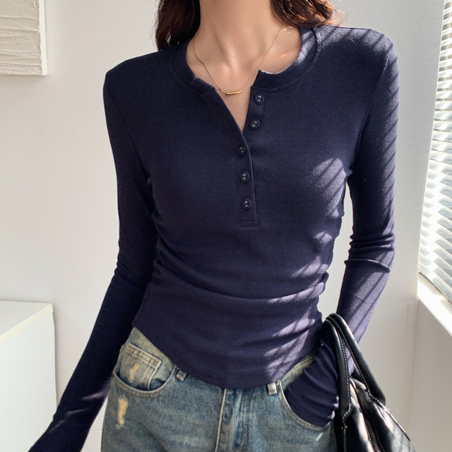 European cargo round neck button long -sleeved base T -shirt female ...