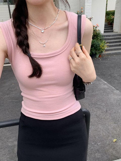 Designed pink square neck sleeveless top for women 2024 new summer ...