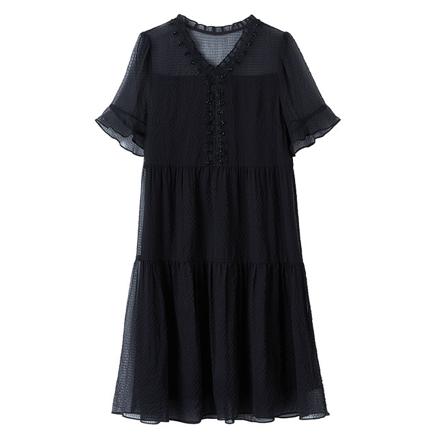 Jianhan high -end black V -neck dress summer new 2024 loose and loose belly long chiffon skirt