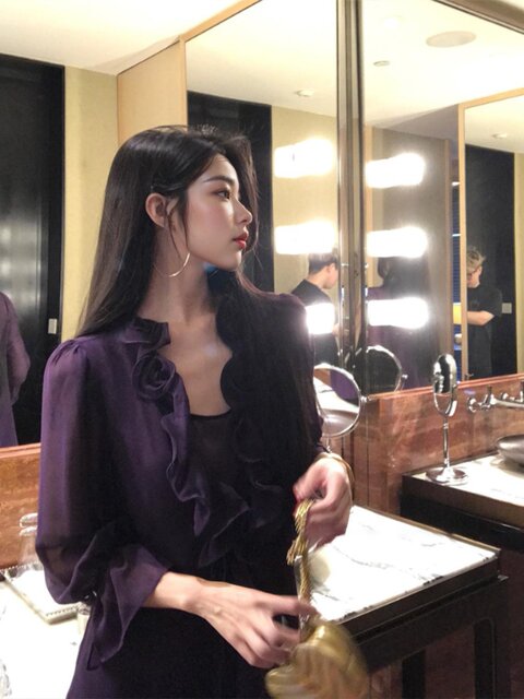 Early autumn French ruffle v-neck style thin long-sleeved shirt pure ...