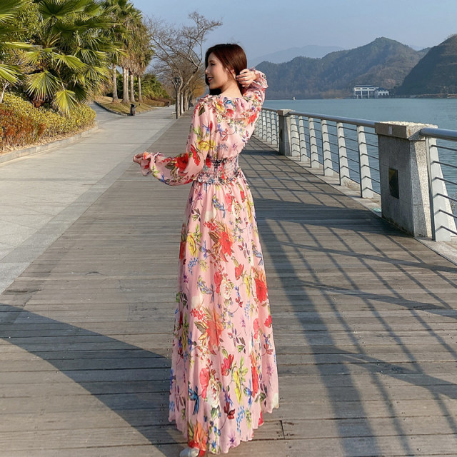 Flower chiffon dress female lotus leaf long -sleeved large size waist ...