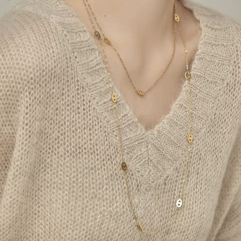 Non-fading titanium steel long sweater chain women's pig nose necklace ...
