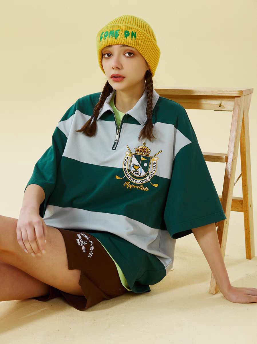 Contrast striped denim lapel polo shirt for women summer shoulder chic ...