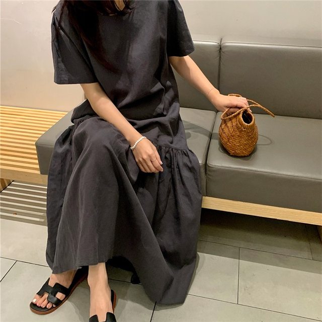 XL-4XL! Korean women's Chic loose, thin short-sleeved dress, big size fat MM retro to ankle long ...