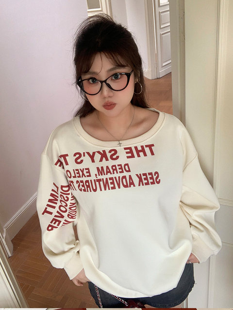 YUZI cabo American off-shoulder two-wear sweatshirt with large size women's clothing, slim and ...