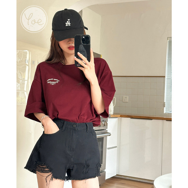 Yoe wine red t-shirt American retro women's pure cotton short-sleeved ...