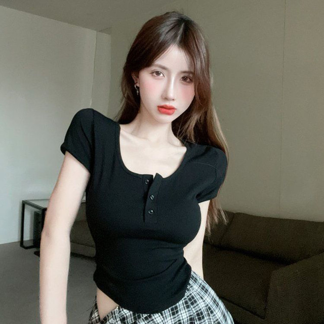 2024 new summer women's pure desire U -long -sleeved T -shirt slimming, thin short dew lyds, INS ...