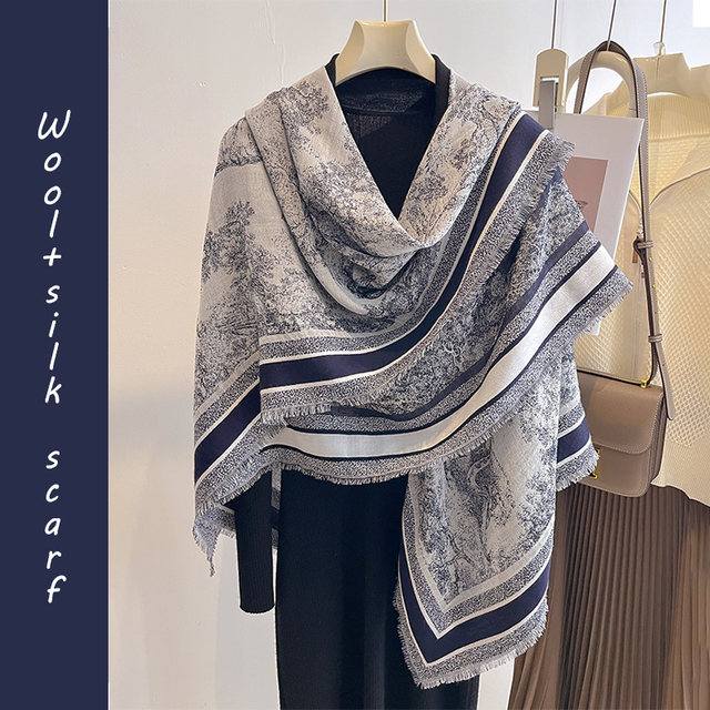 Real silk wool large scarf silk scarf autumn and winter high -end ...