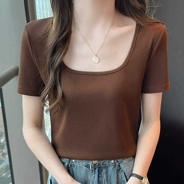 Square collar threaded short-sleeved T-shirt for women in summer base ...
