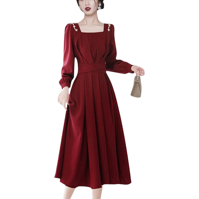 Burgundy dress 2024 autumn new dress fashion waist mid-length high-end ...