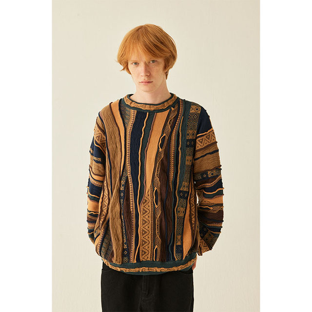 MEDRIA retro sweater pop bitter melon striped ethnic style pullover ...