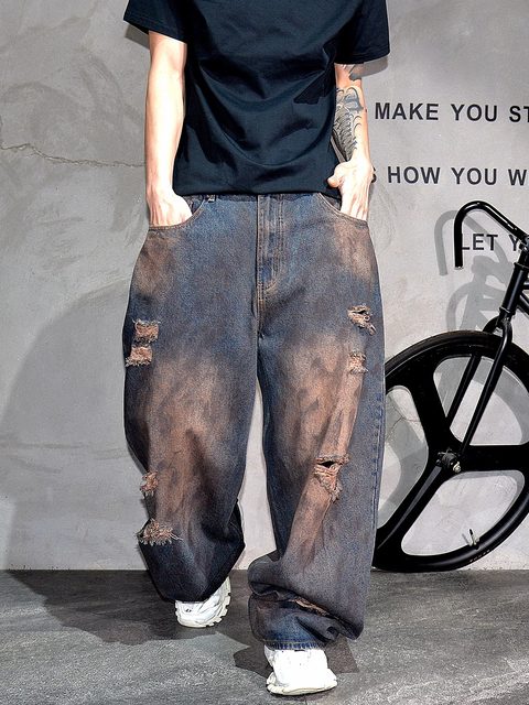 Vibe waste soil dirty old ripped beggar wide-leg jeans men's American ...
