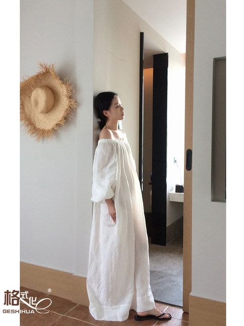 Slack feeling one-length neck off-shoulder cotton and linen dress for ...