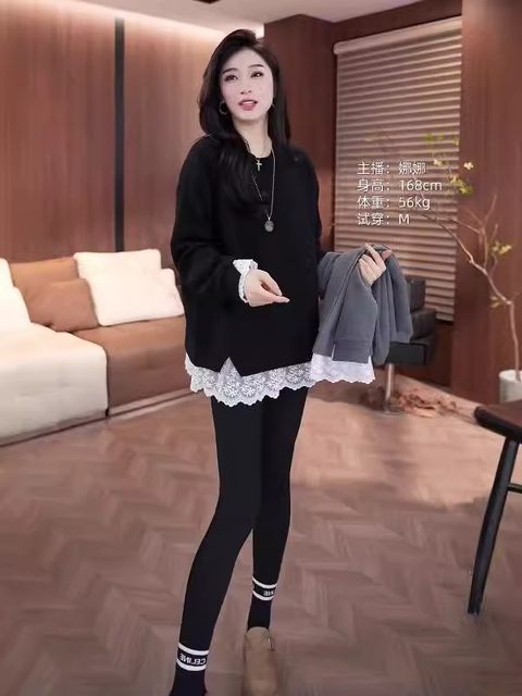 European cargo lace lace stitching fake two thickened sweater women's ...