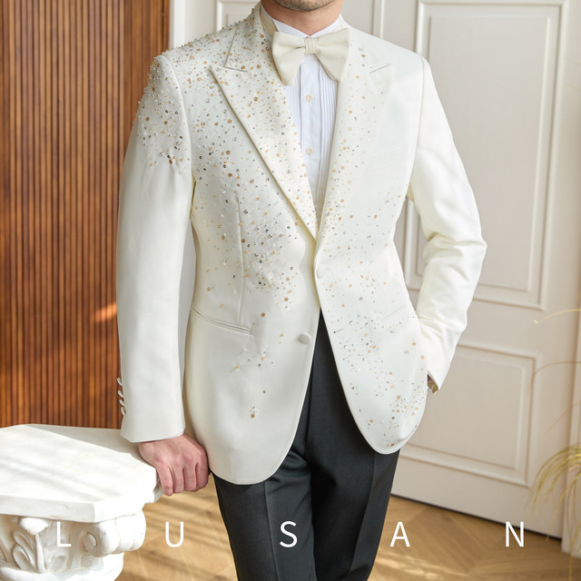 Mr. Lu San white dress banquet host suit handmade beading high craft ...