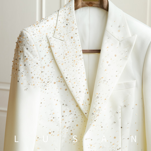 Mr. Lu San white dress banquet host suit handmade beading high craft ...