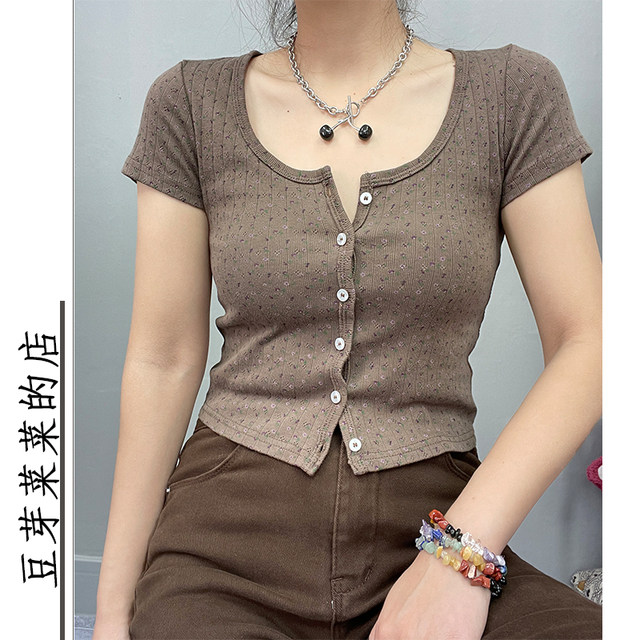 American retro slim single-breasted T-shirt women's short summer brandy ...