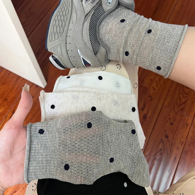 Gray polka dot pile socks for women in summer thin pure cotton medium ...