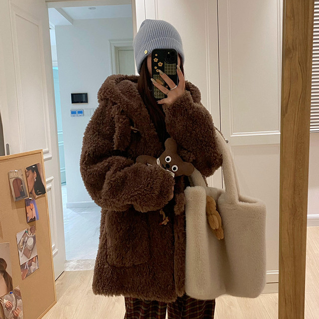 Teddy horns 2024 new lamb fur one-piece age-reducing hooded mid-length ...