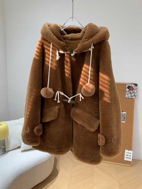 Selected wool pure lamb fur integrated hooded horn buckle autumn and ...