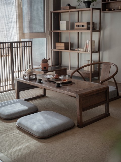 New Chinese style solid wood bay window tea table kang table black ...