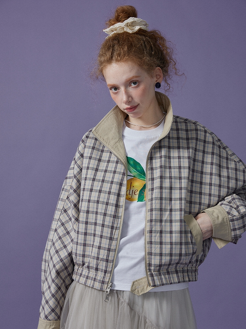 Cat sauce purple plaid two-wear jacket design short loose jacket