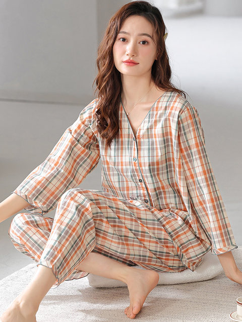 Woven cotton pajamas for women spring and autumn pure cotton three ...