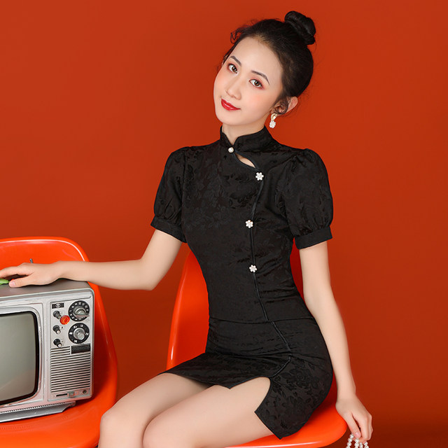 Improved cheongsam dress women's summer slimming black design niche ...