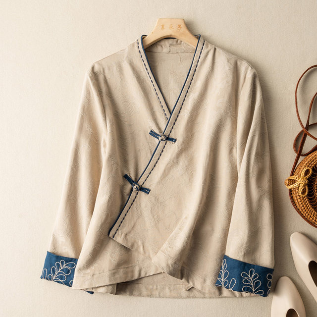 Slanted placket button cotton linen top Chinese style retro tea jacket ...